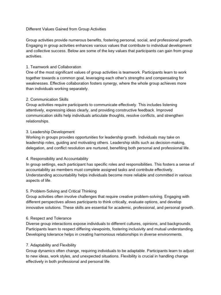 Different Values Gained From Group Activities | PDF | Leadership ...