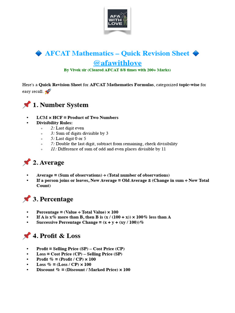 AFCAT Mathematics - Quick Revision Sheet by Vivek Sir @afawithlove 3 ...