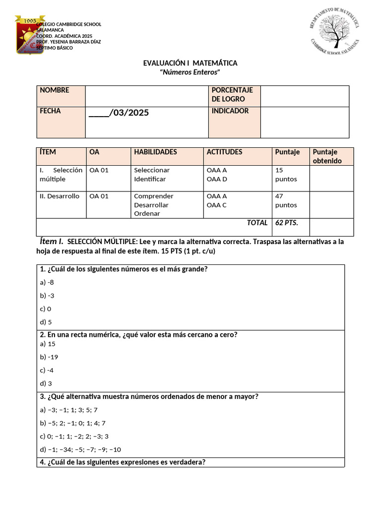 EVALUACIÓN MARZO MATEMÁTICA SÉPTIMO BÁSICO | PDF