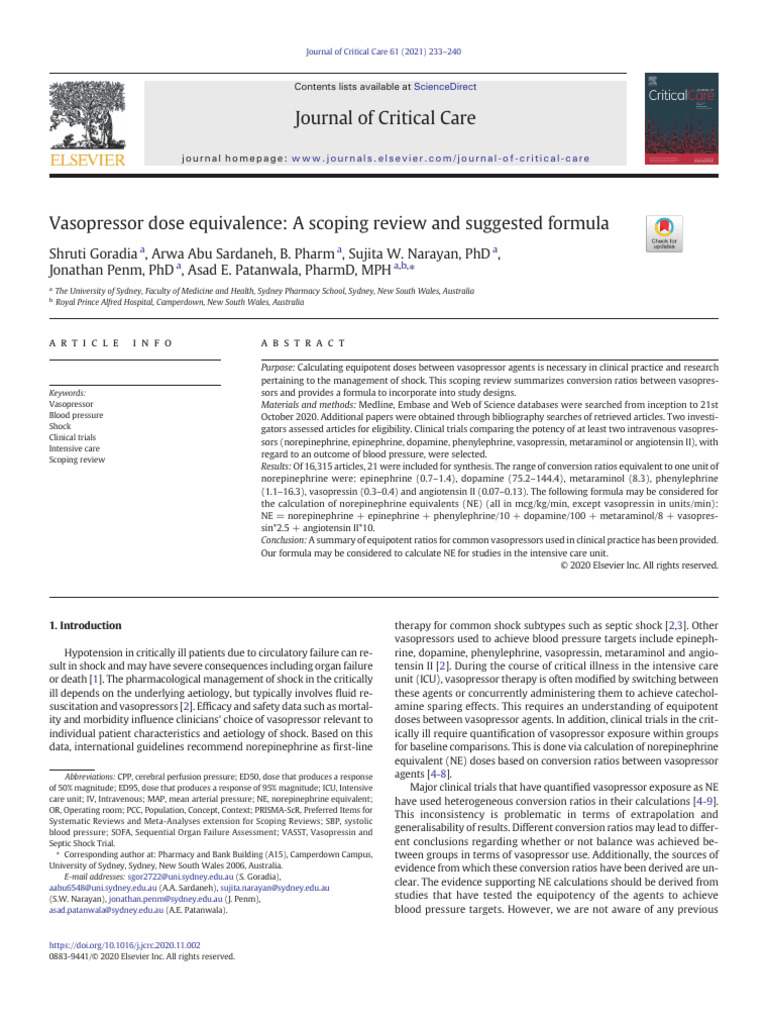 Vasopressor dose equivalence A scoping review and suggested formula ...