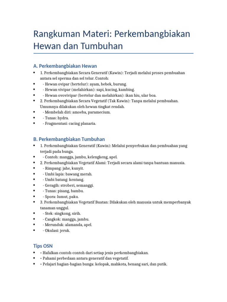 Rangkuman Perkembangbiakan Hewan Dan Tumbuhan | PDF
