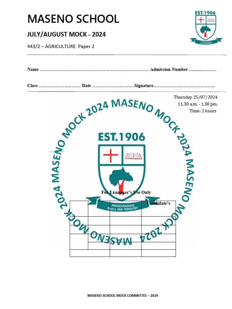 Maseno School Agriculture Mock Exam 2024 | PDF | Domesticated Animals