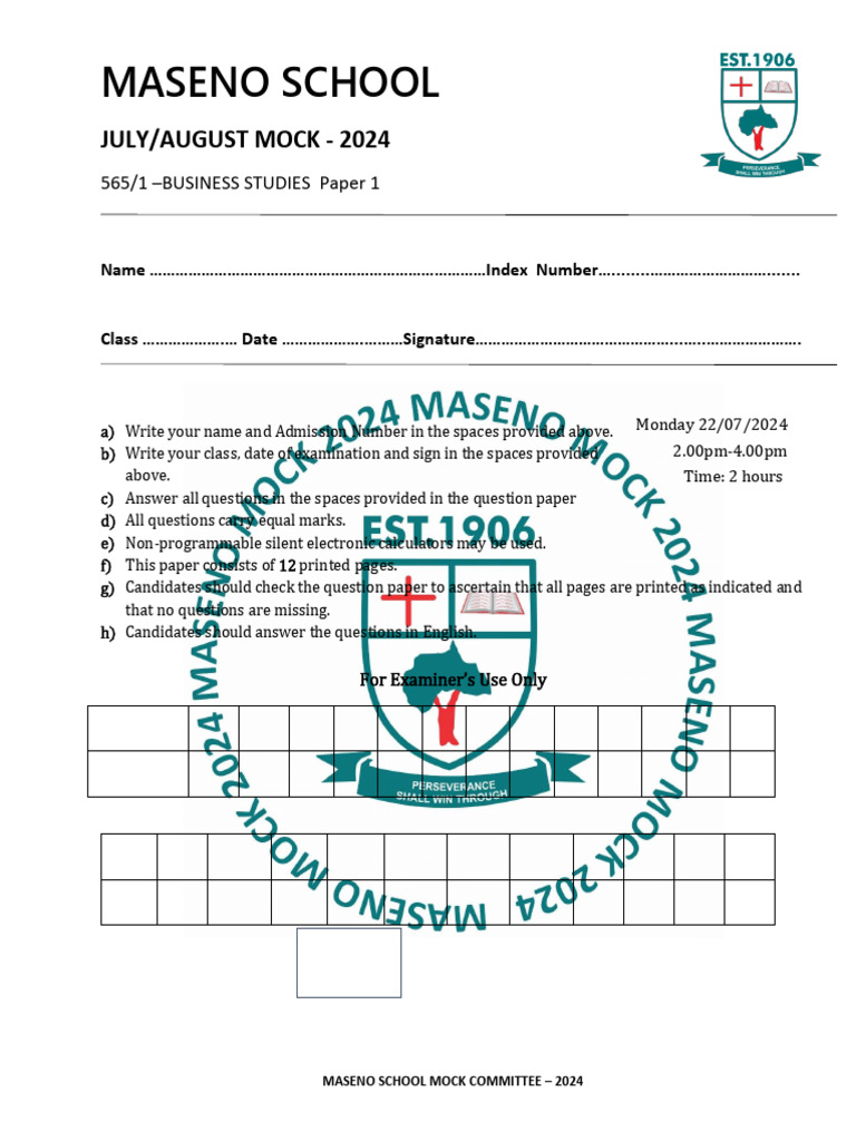 Maseno School Business Studies Mock 2024 | PDF | Economies | Business