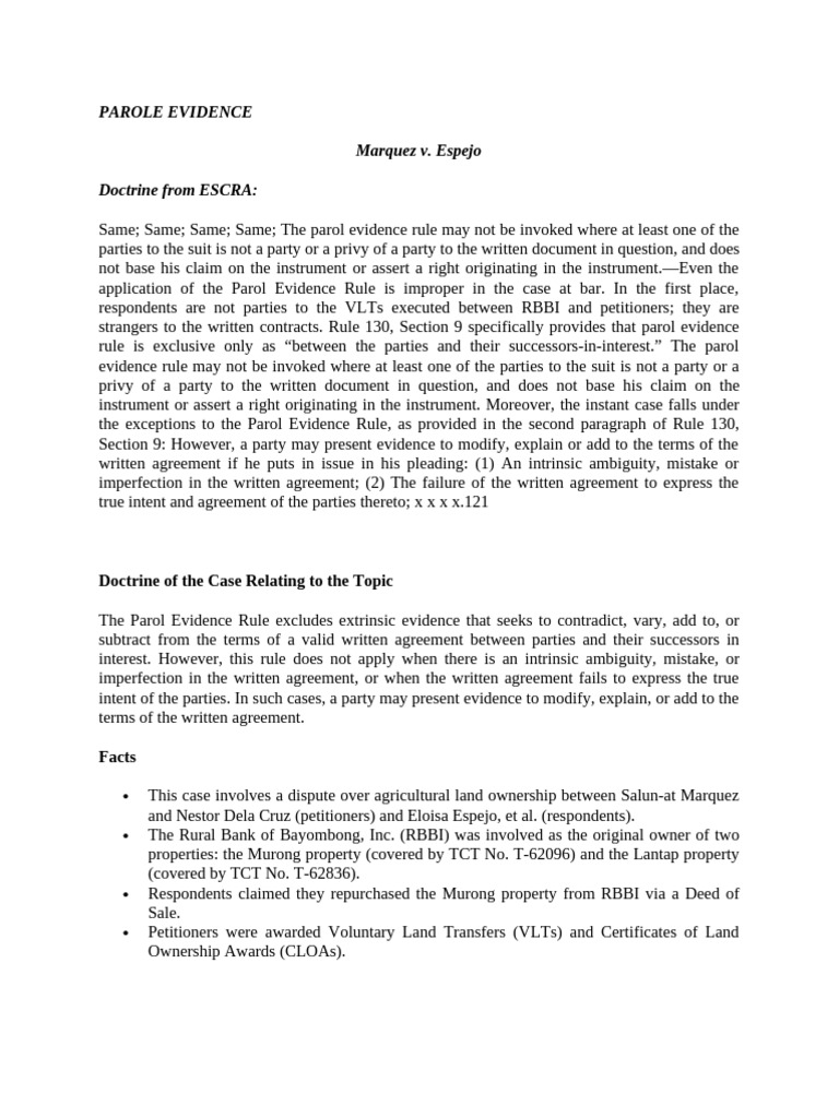 EVIDENCE Parole Evidence | PDF | Parol Evidence Rule | Reasonable Doubt