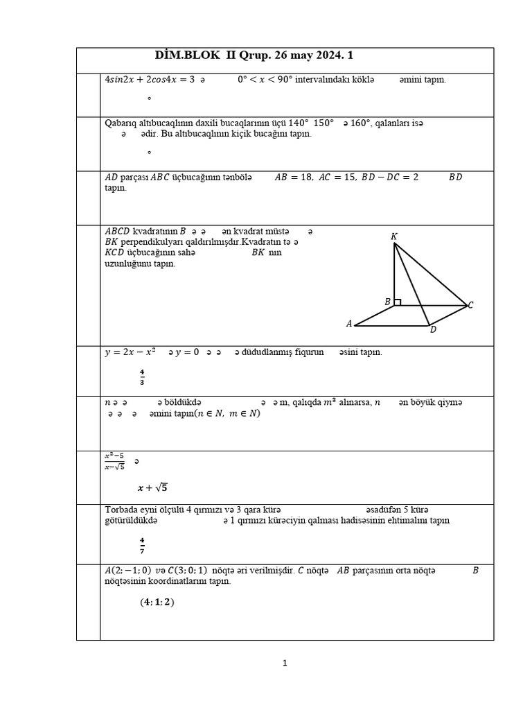 DİM.BLOK II Qrup. 26 may 2024. 1-ci imtahan. | PDF