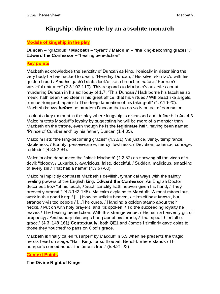 Macbeth - Kingship - Theme Sheet | PDF | Macbeth