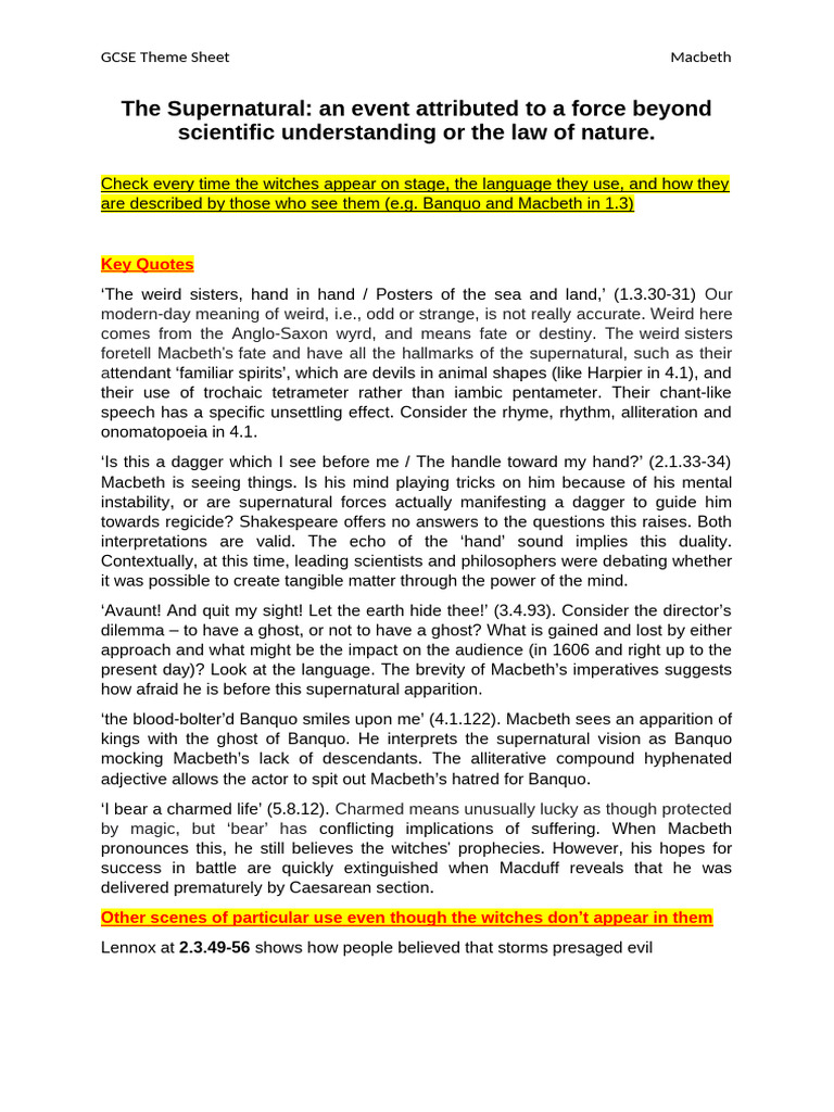 Macbeth - The Supernatural - Theme Sheet For GCSE | PDF | Macbeth ...