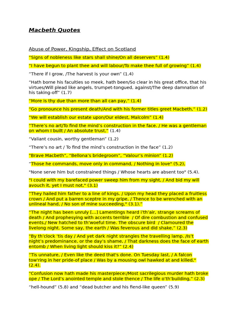 Macbeth Quotes | PDF | Macbeth | Shakespearean Tragedies