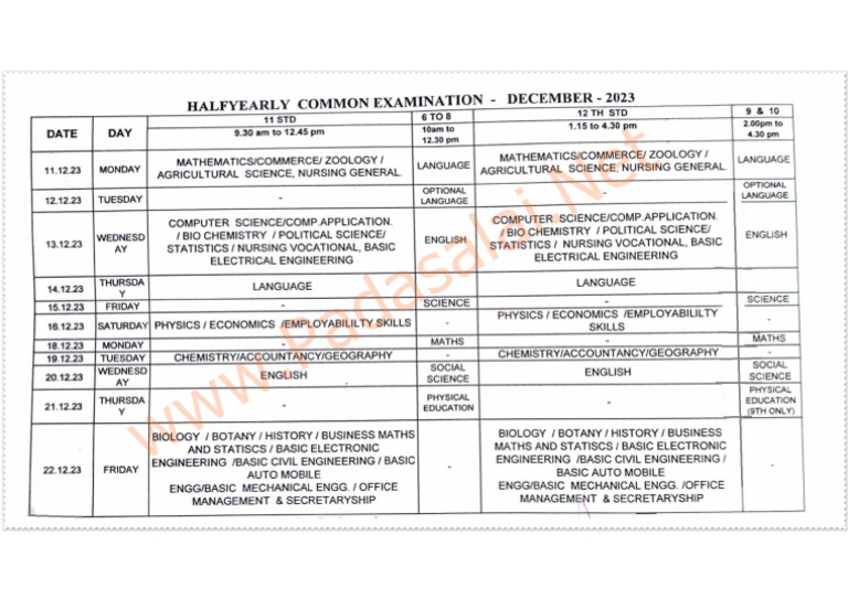 Half Yearly Exam 2023 New Time Table PDF Download | PDF