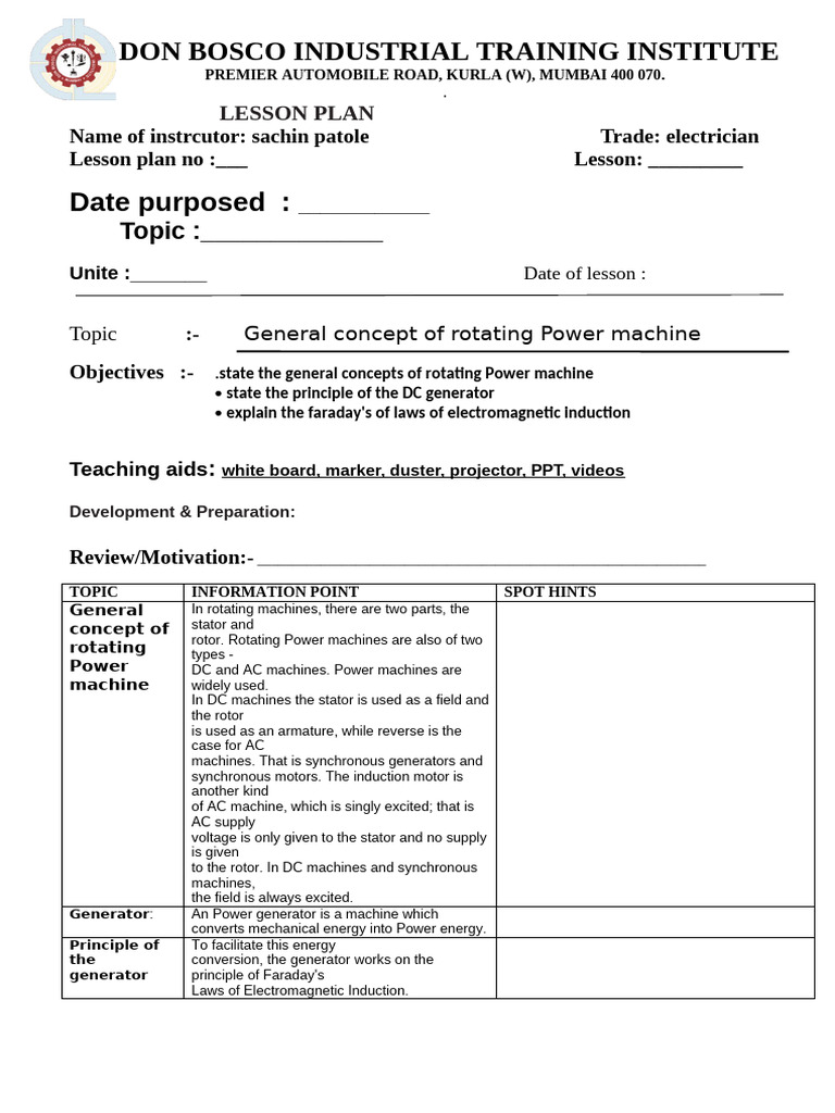 Lesson Plan: Rotating Power Machines | PDF | Electromagnetic Induction ...