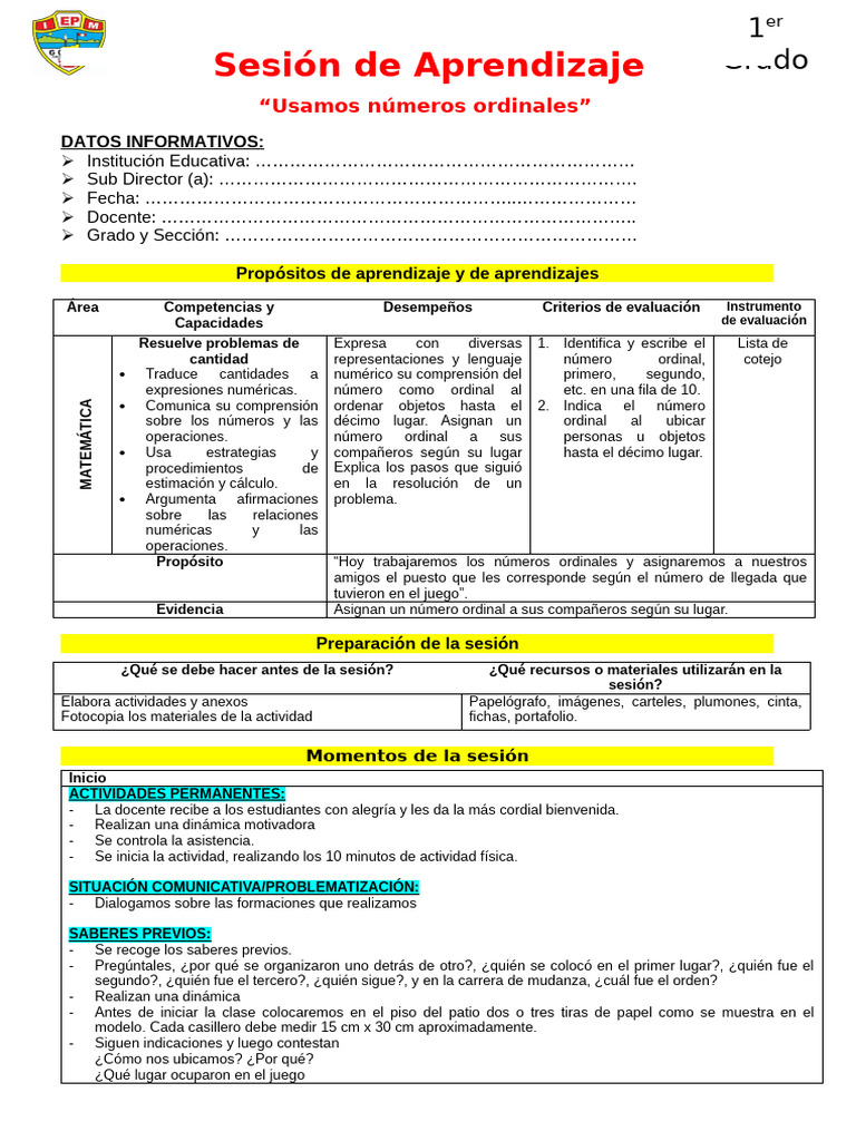 SESIÓN MAT Usamos números ordinales | PDF | Aprendizaje