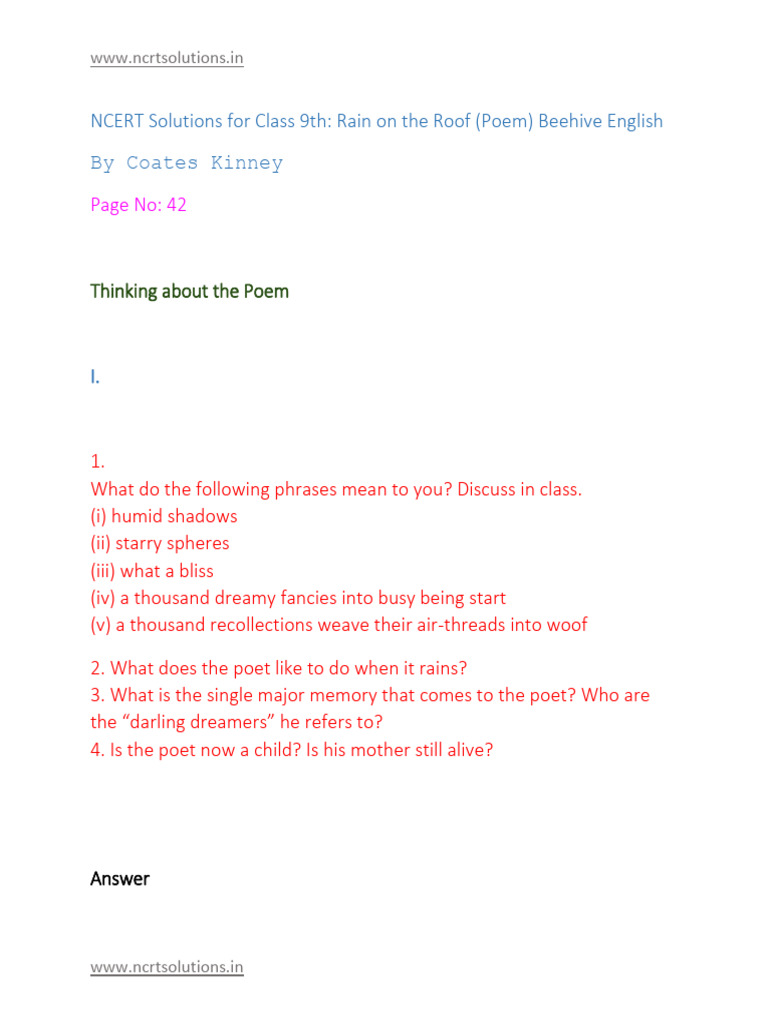 Analysis of "Rain on the Roof" Poem | PDF