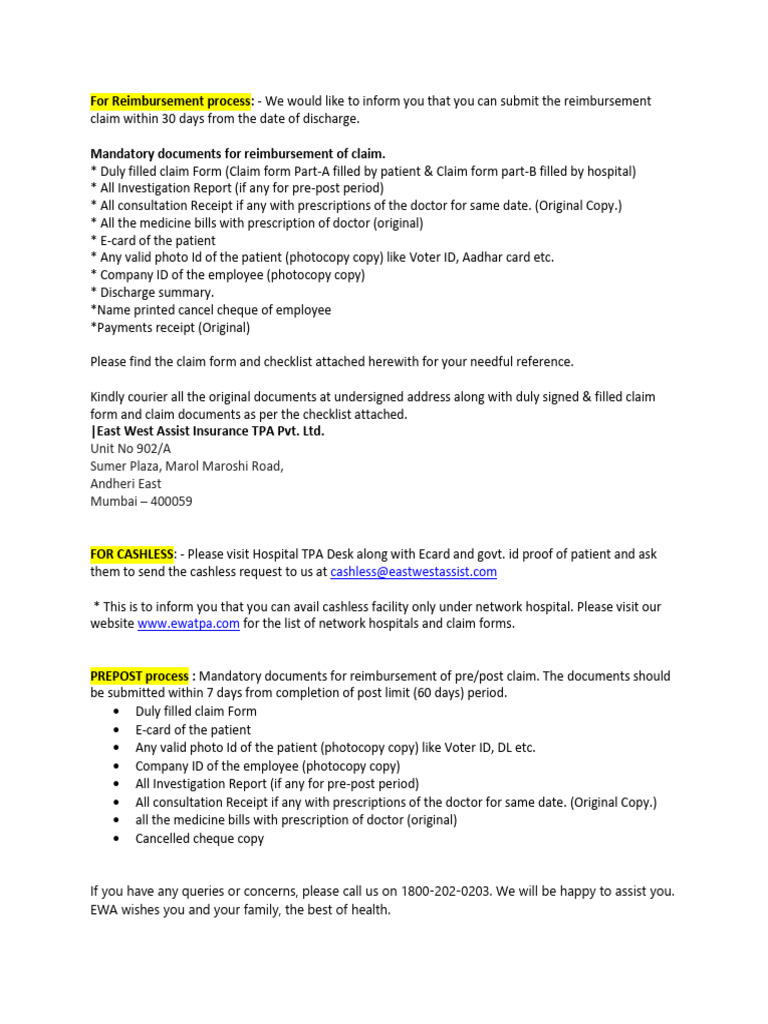 Reimbursement and Cashless Procedure | PDF