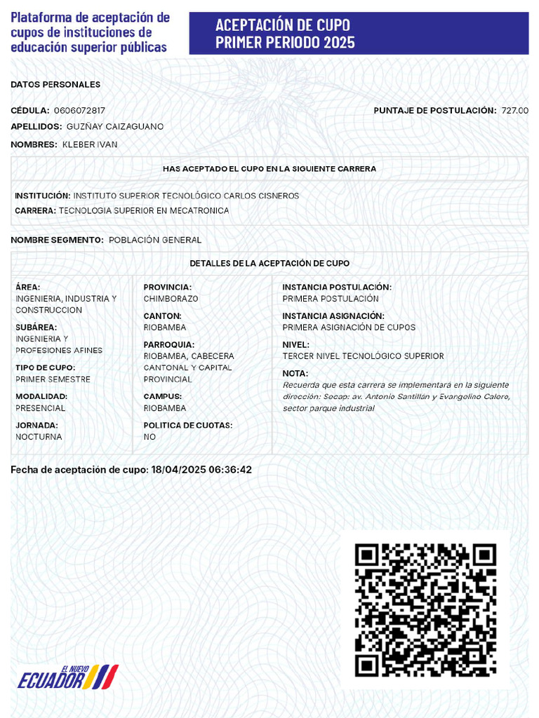 Comprobante Aceptacion Cupo | PDF