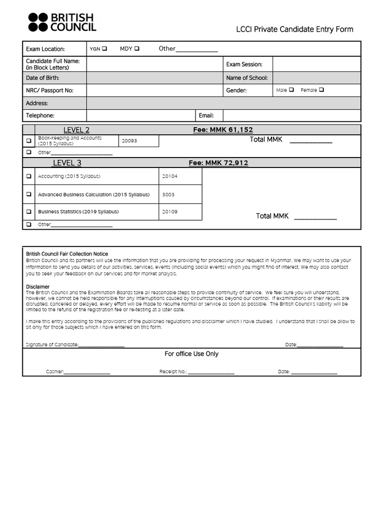Lcci Private Entry Form Nov-2022 | PDF