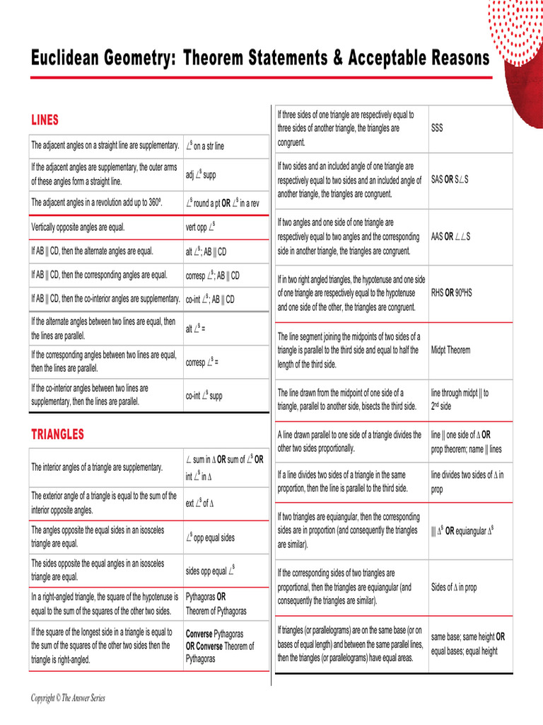 Theorem Statements Acceptable Reasons FET Euclid Geometry (1) | PDF | Circle | Triangle