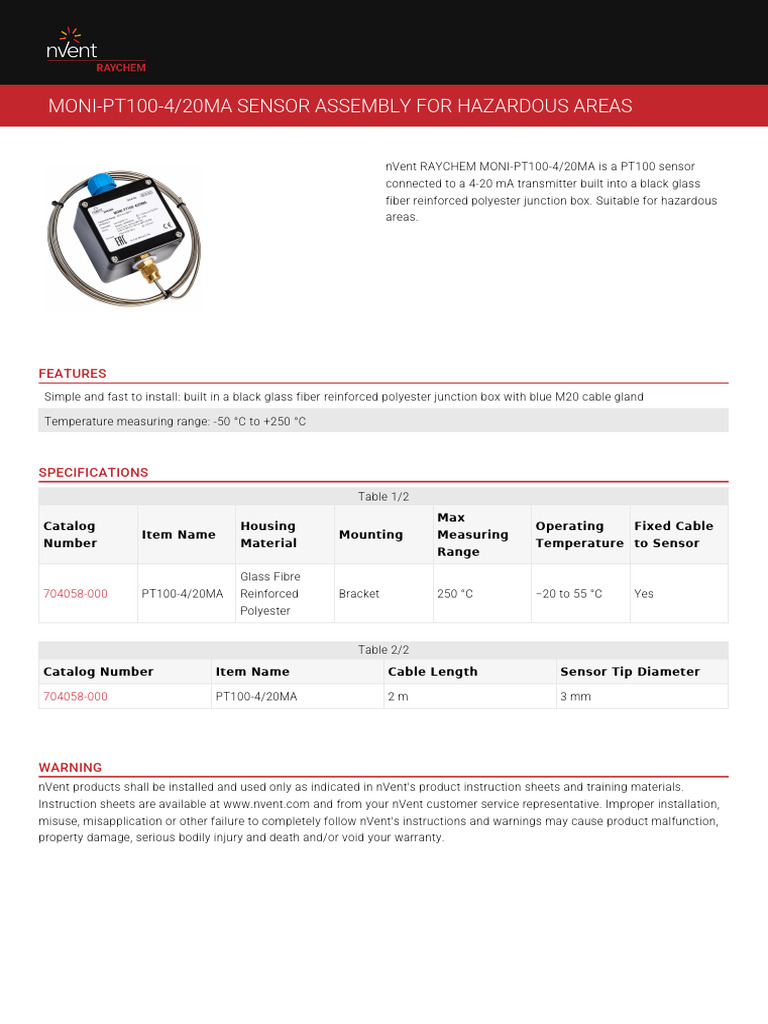 Nvent RAYCHEM MONI PT100 4 20MA Sensor Assembly For Hazardous Areas | PDF | Materials