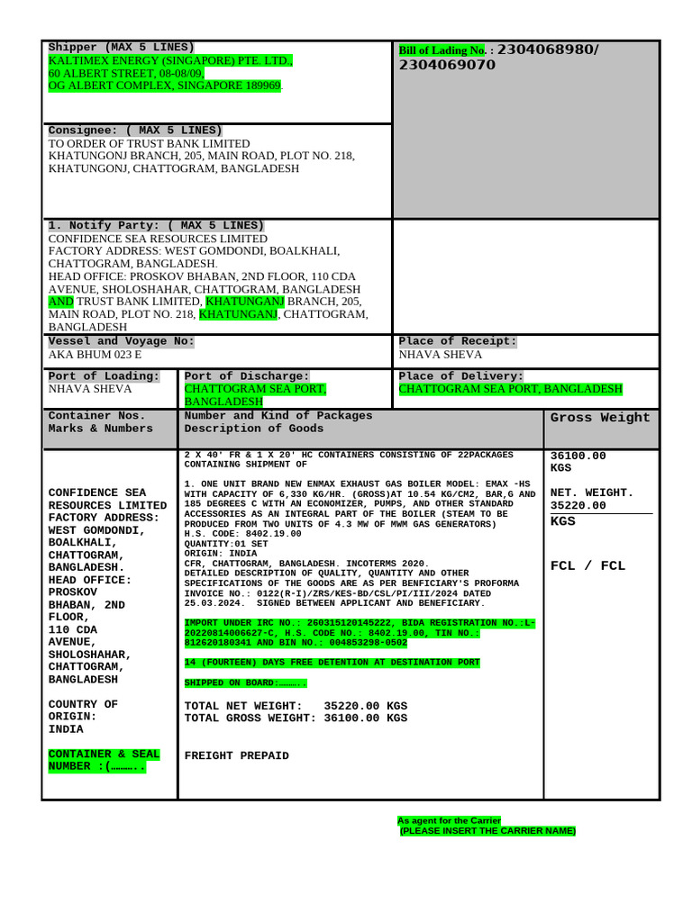 JR 5362 - Client Coments On BL Draft | PDF | Bill Of Lading | Cargo