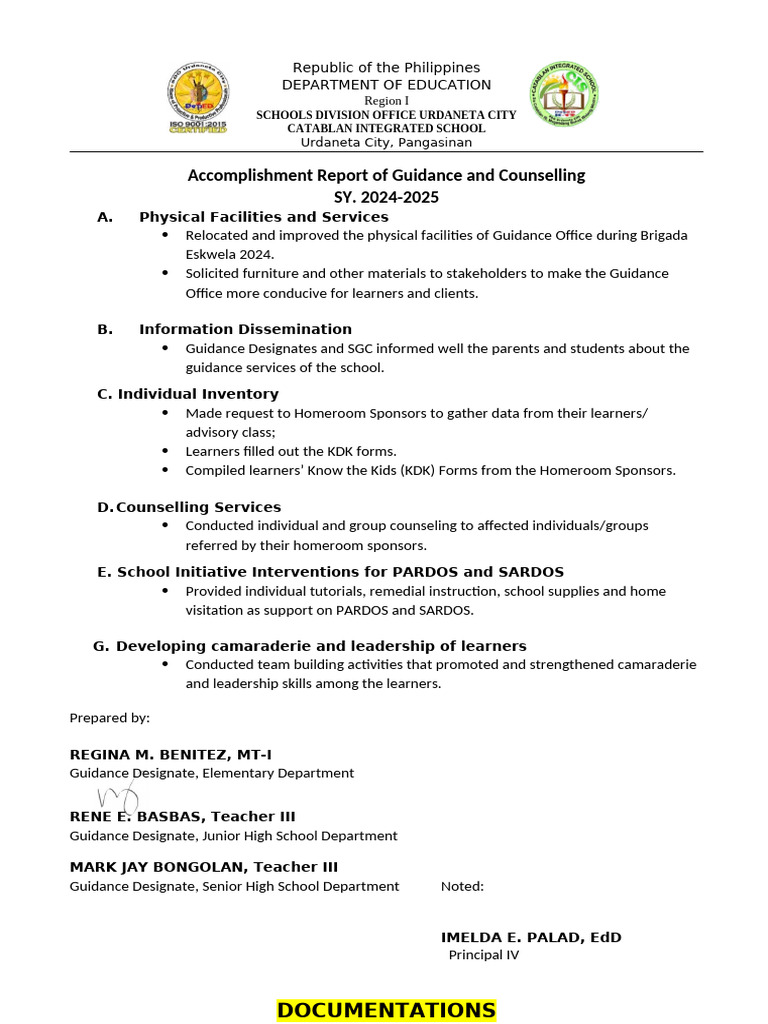 CIS Guidance Designate Accomplish-ment Report SY 2024-2025 | PDF | Learning