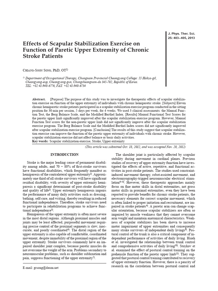 Effects of Scapular Stabilization On Hand Function in Stroke | PDF | Stroke | Neurological Disorders