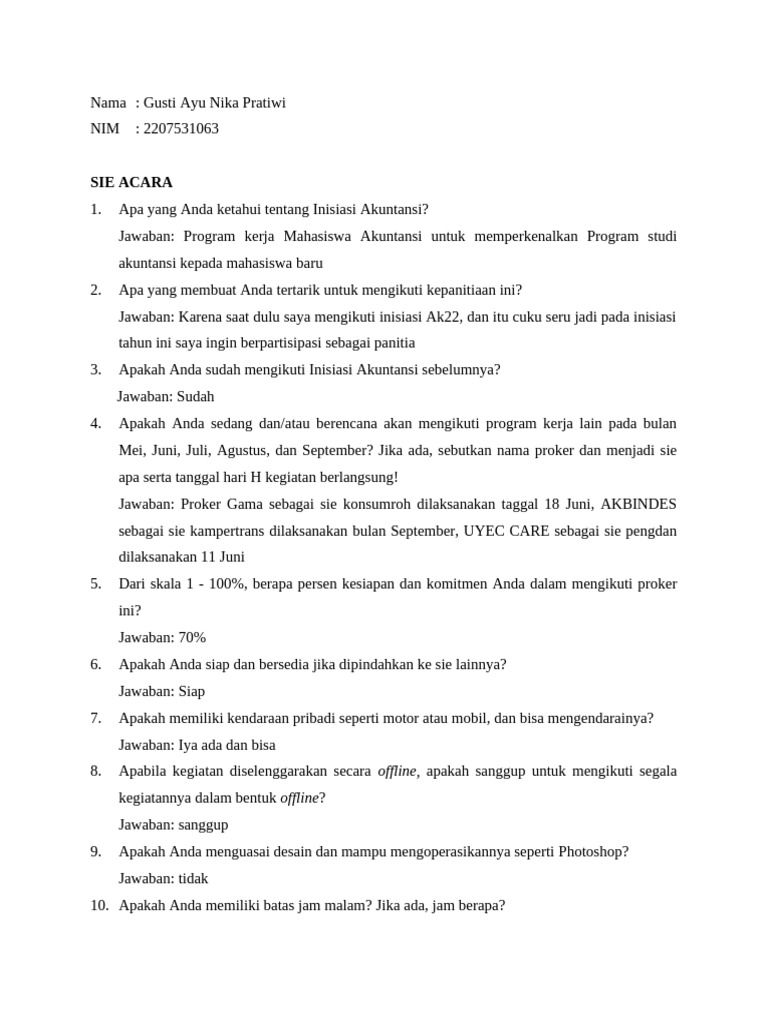 Gusti Ayu Nika Pratiwi - Sie Acara | PDF