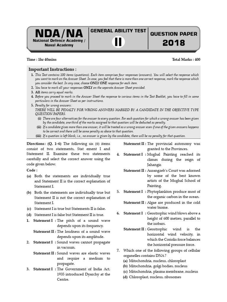 NDA 2018 General Ability Test Paper | PDF | Chemistry | Carbon