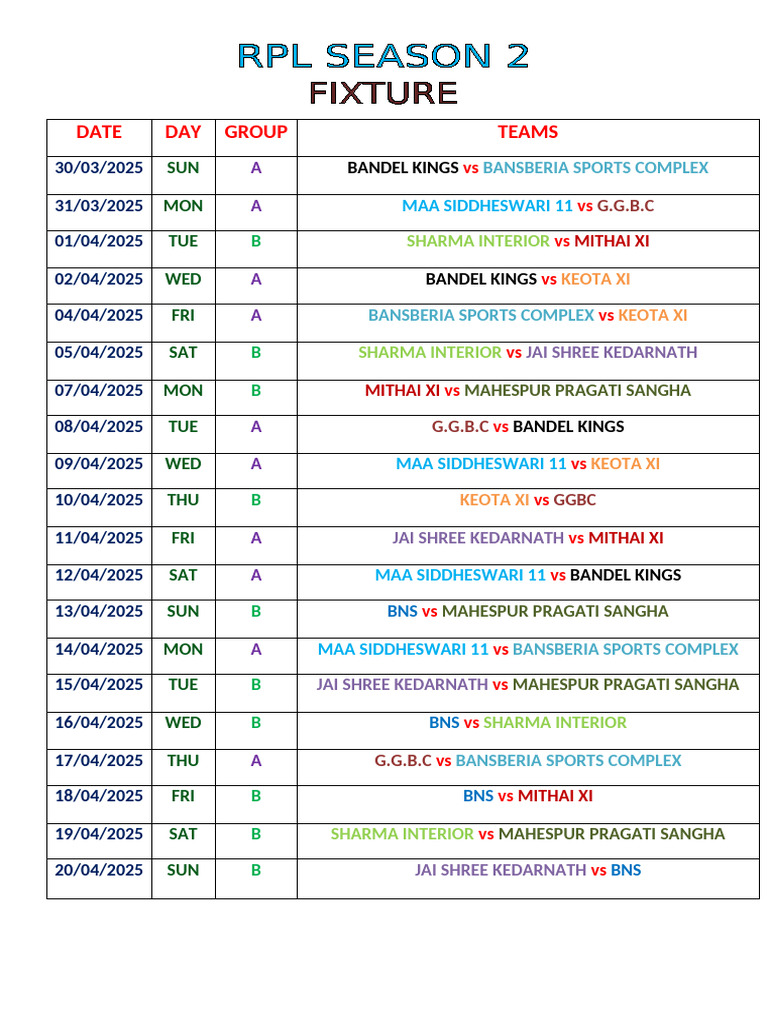 RPL Season 2 Fixture | PDF