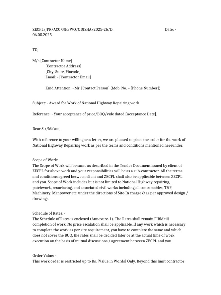 NH Work Order Zecpl 2025 | PDF