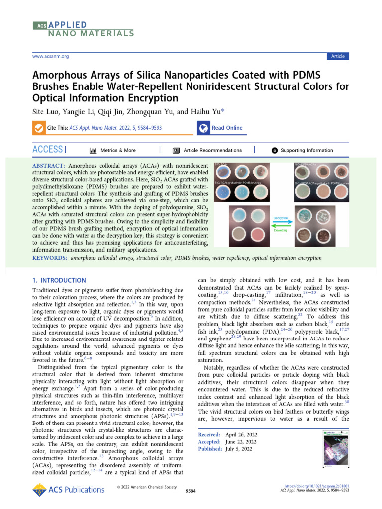 Amorphous Arrays of Silica Nanoparticles Coated With PDMS | PDF | Scattering | X Ray ...