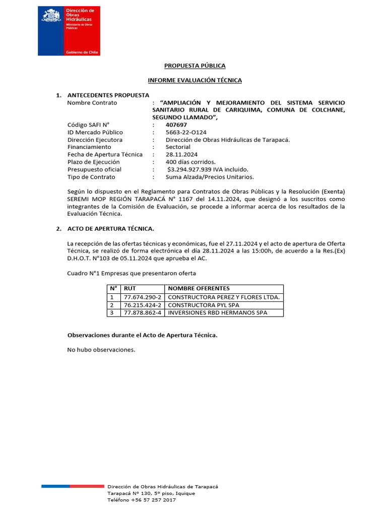 2024-1205 Inf. Eval. Tecnica CAriquima 2° | PDF