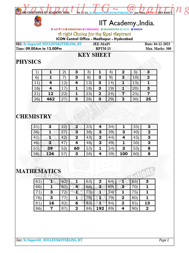 04 11 2023 SR Super60 NUCLEUS & STERLING BT Jee Main RPTM 13 KEY | PDF | Force | Physical Quantities