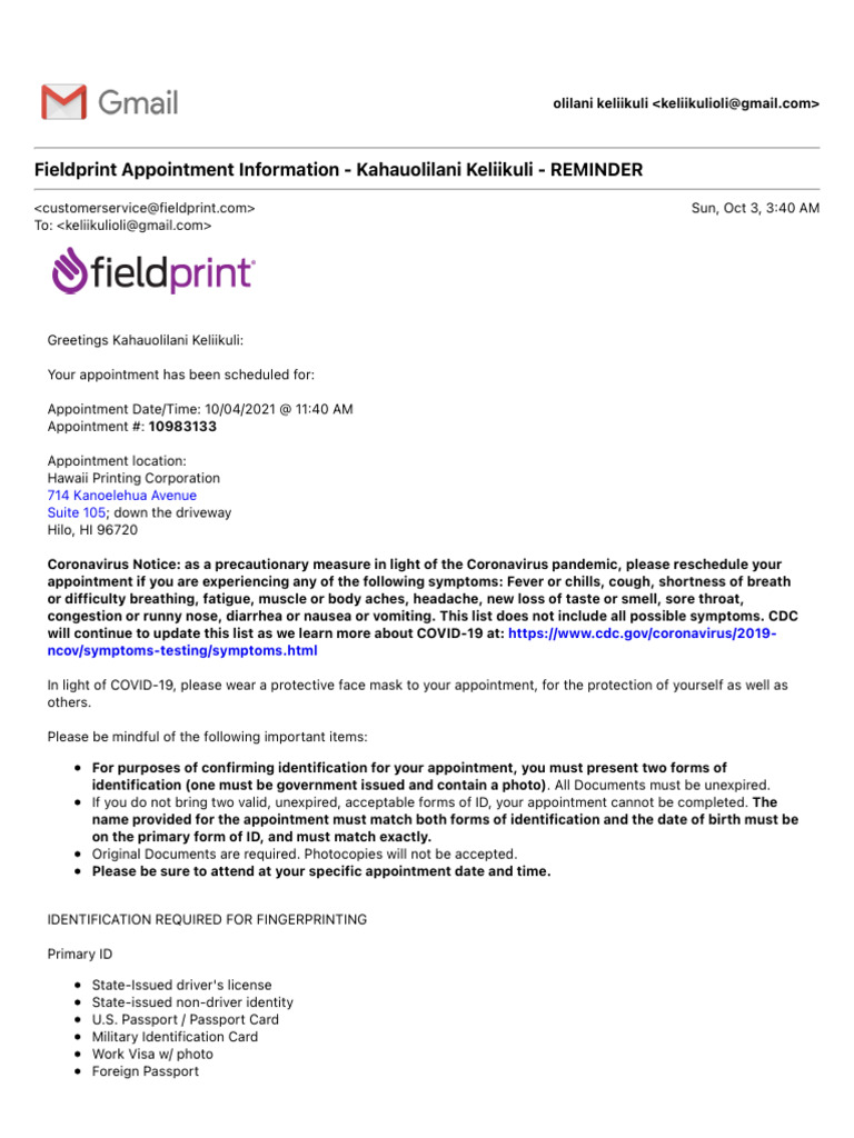 Fieldprint Appointment Information - Kahauolilani Keliikuli - REMINDER ...