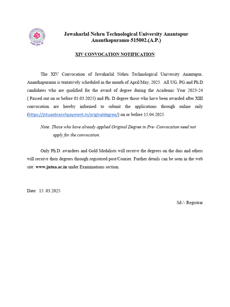 JNTUA XIV Convocation Notification 2025 | PDF