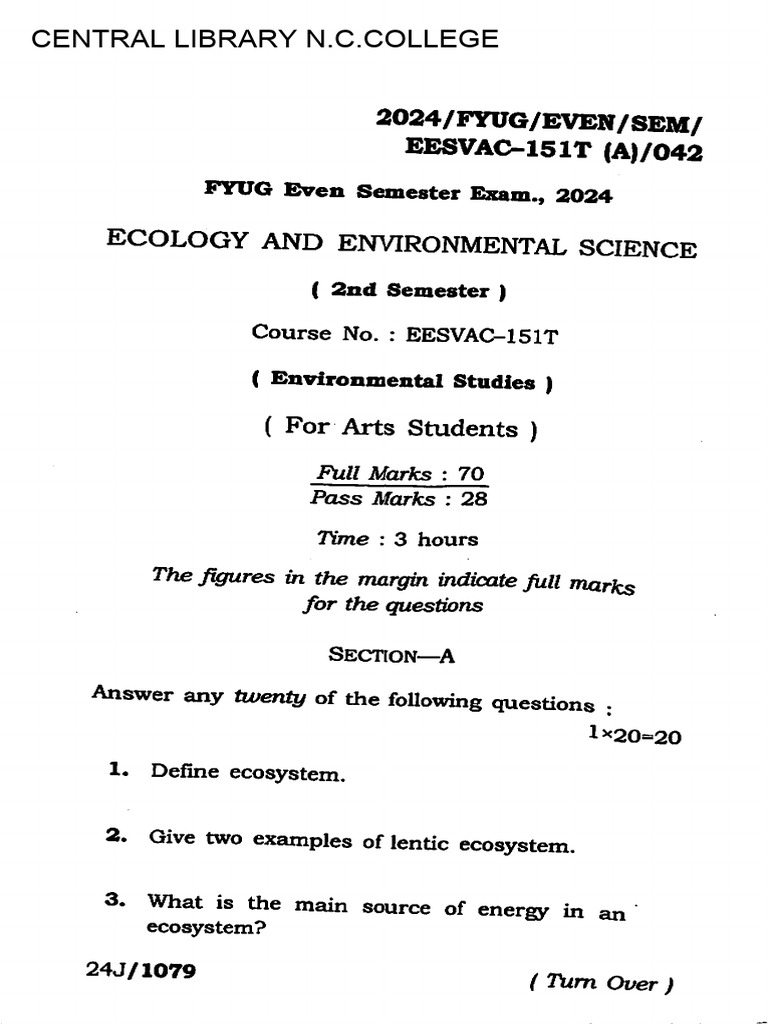 FYUGP.2ND - SEM EESVAC 151 ENV - STUDIES QP 2024 - Watermark | PDF