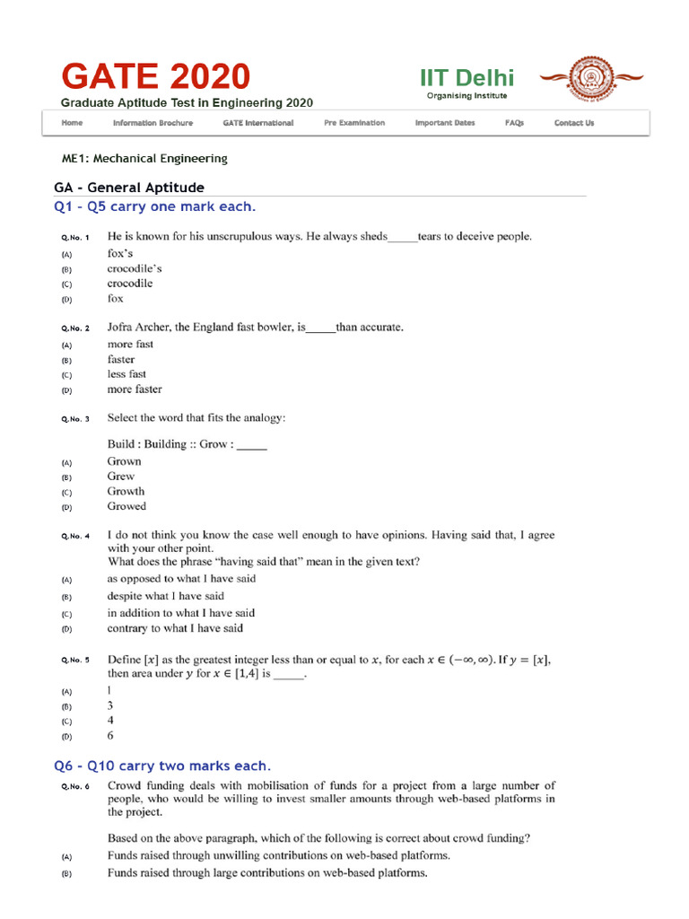 Mechanical Engineering Question Paper and Answer Key (Set 1) - GATE ...