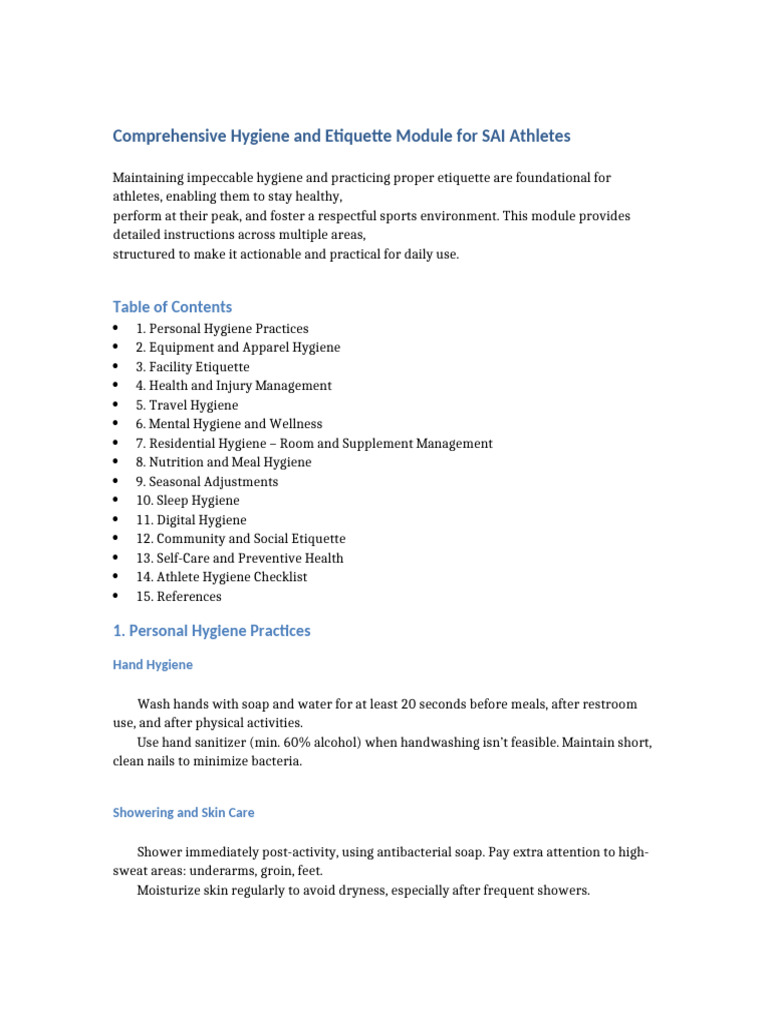 Athlete Hygiene and Etiquette Guide | PDF | Hygiene | Hand Washing