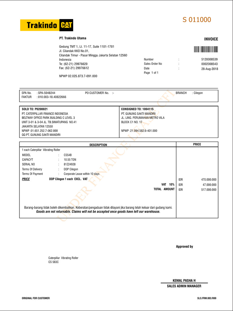 Invoice Trakindo CAT Vibrating Roller RZ REV | PDF