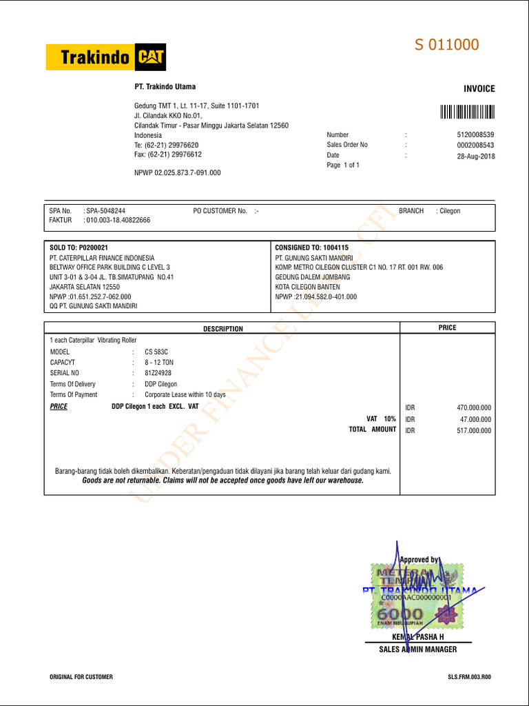 Invoice Trakindo CAT Vibrating Roller RZ | PDF