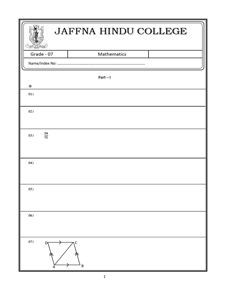 Jaffna Hindu College Grade 7 Math Exam | PDF | Mathematics