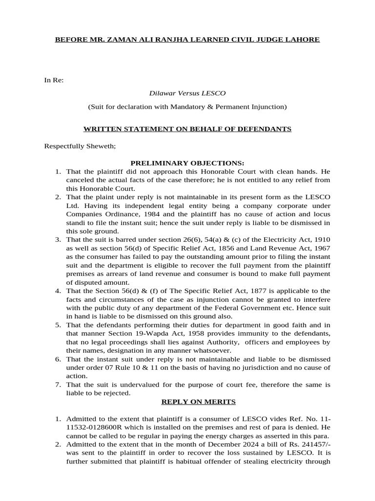 Dilawar LESCO Written Statement | PDF | Lawsuit | Judiciaries
