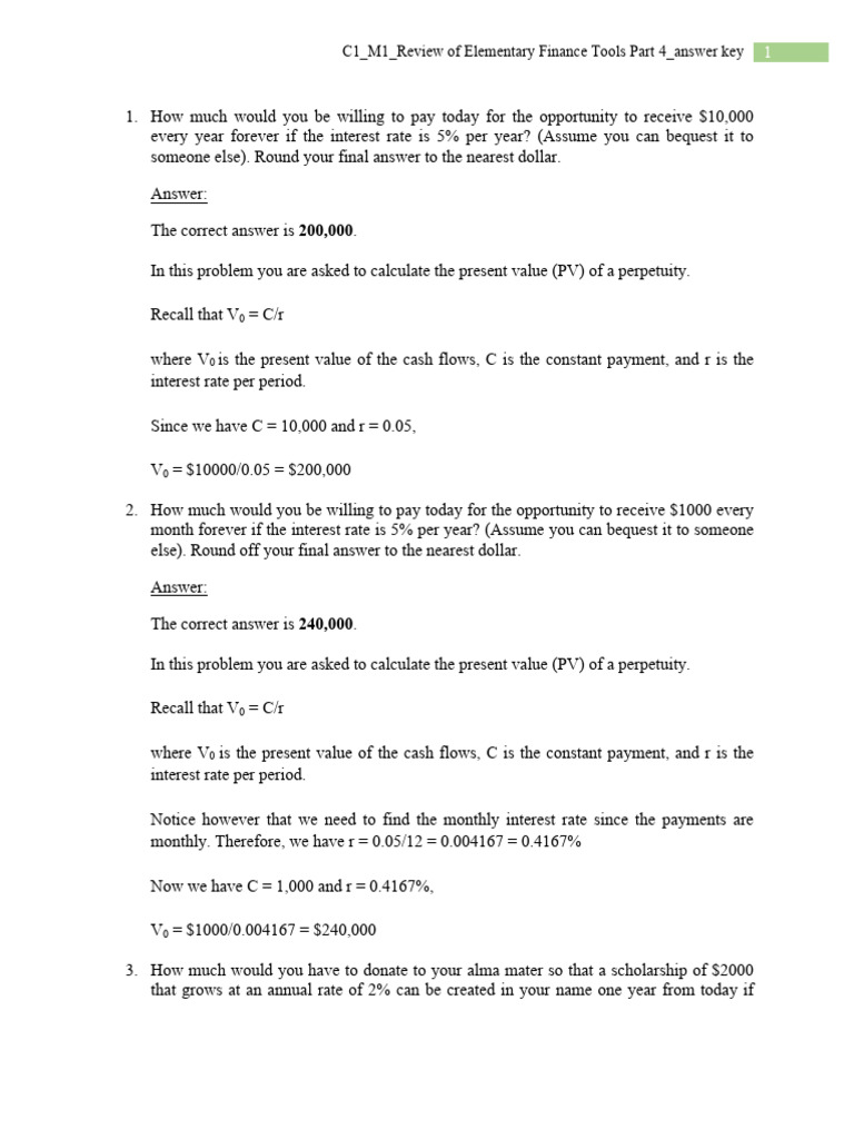 C1 - M1 - Review of Elementary Finance Tools Part 4+answer Key | PDF ...