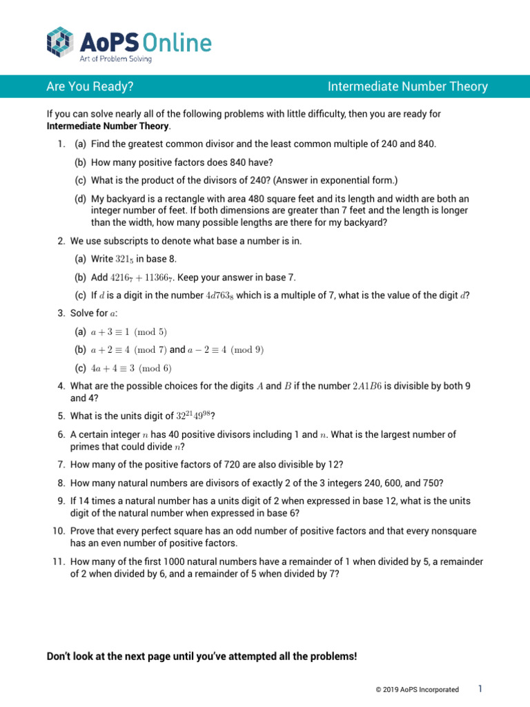 Intermediate Number Theory Readiness Test | PDF | Mathematical Concepts ...