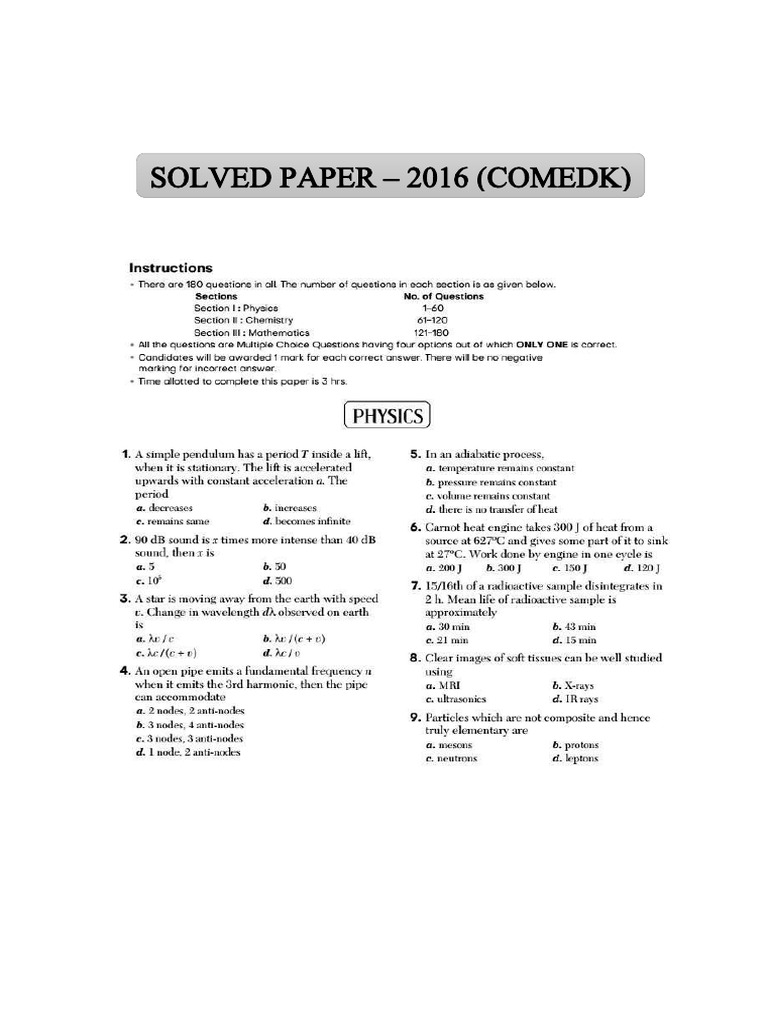 COMEDK 2016 Question Paper With Solution 1 1 | PDF