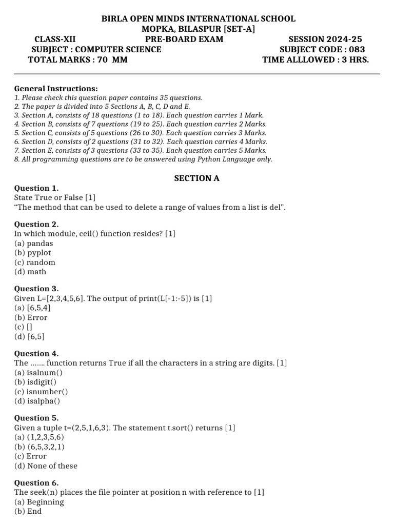 Xii CS Pre Board QP Bomis 2024-25 Set-A | PDF | Databases | Control Flow