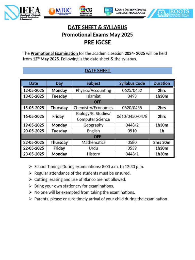 Pre Igcse Syllabus and Datesheet Promotional Examination 2025 (1 ...