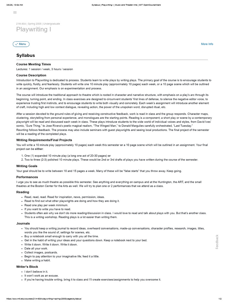 Syllabus - Playwriting I - Music and Theater Arts - MIT | PDF | Learning | Human Communication