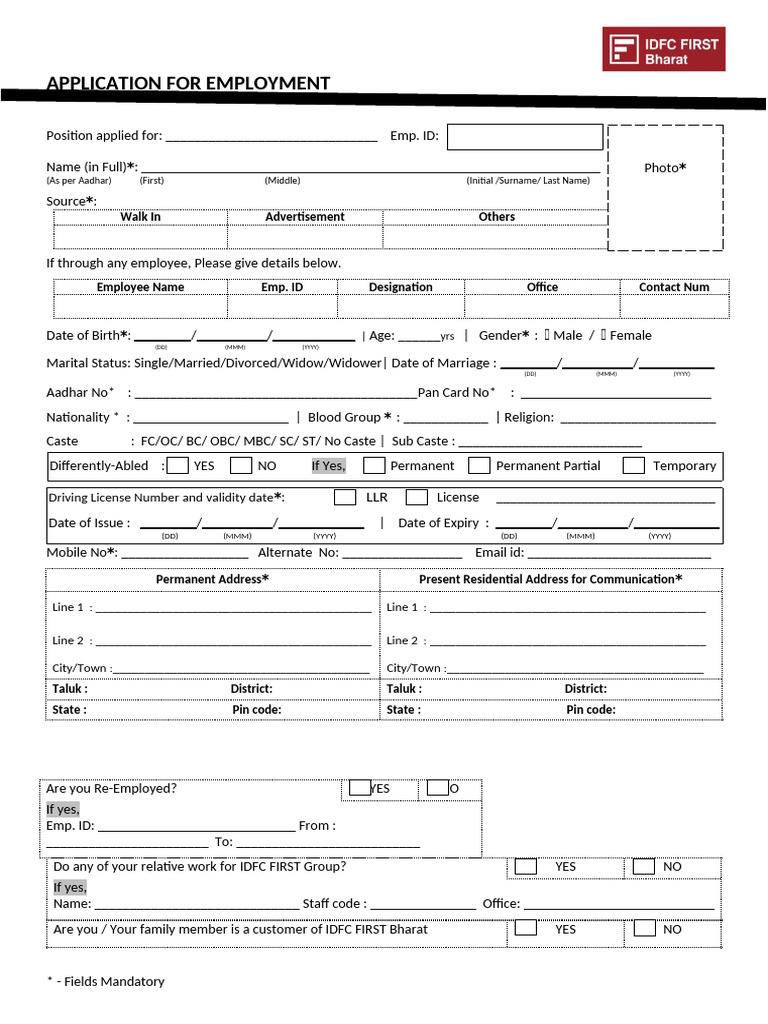 Application For Employment IDFC | PDF