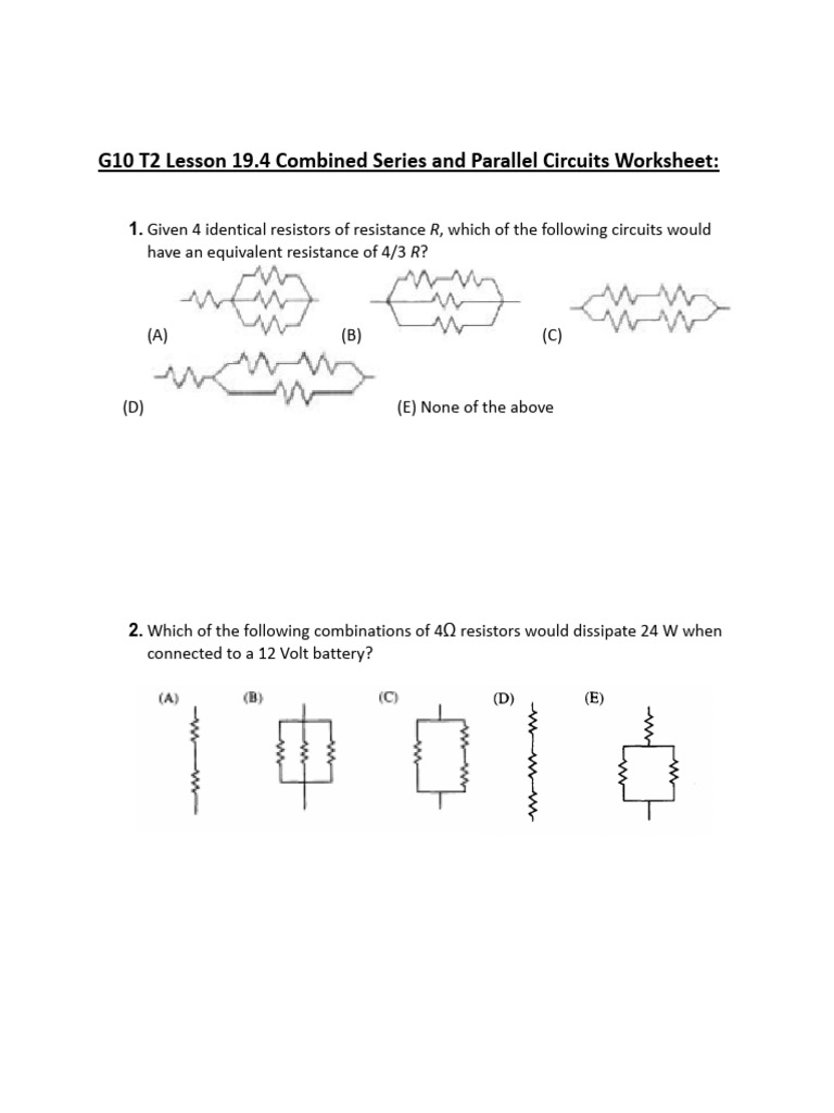 G10 S2 Lesson 19.4 Combined Series and Parallel Circuits Worksheet (24 ...