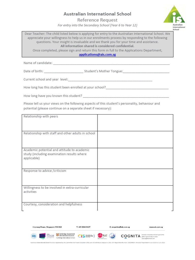 AIS Secondary School Reference Request | PDF