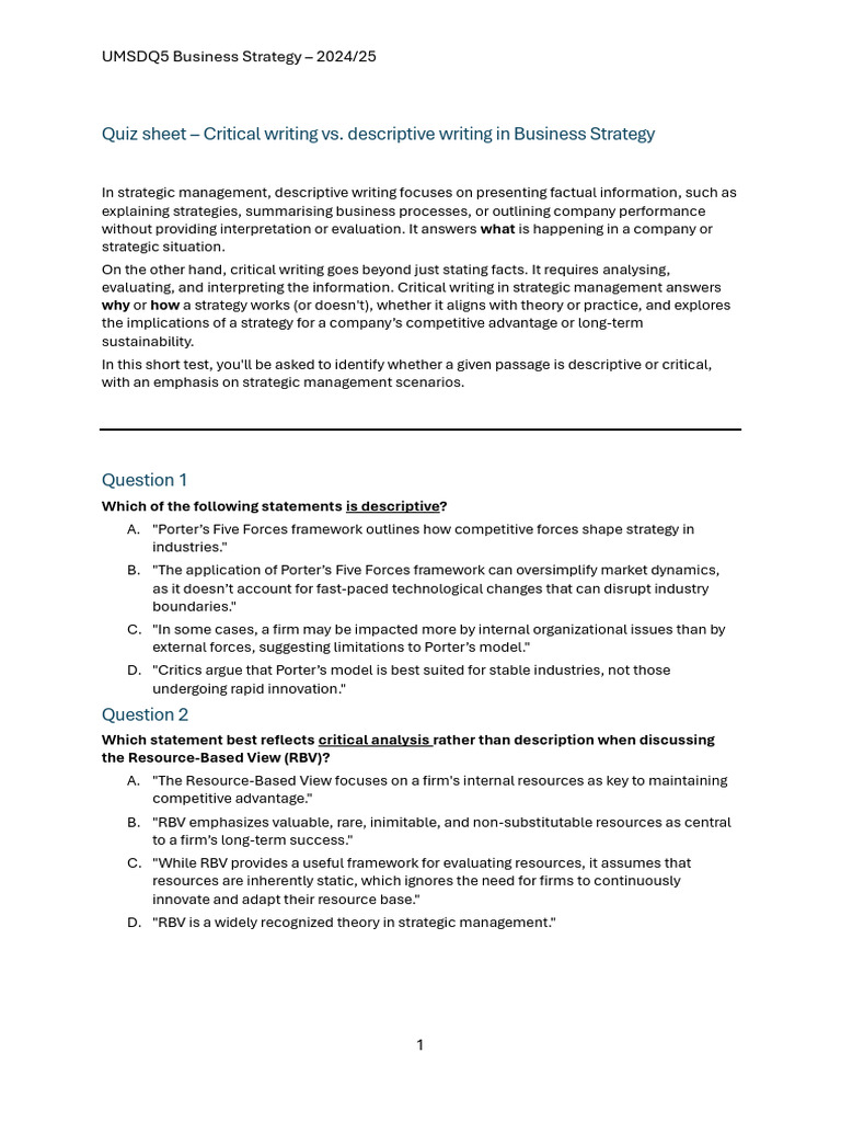 Critical writing vs descriptive writing | PDF | Strategic Management ...